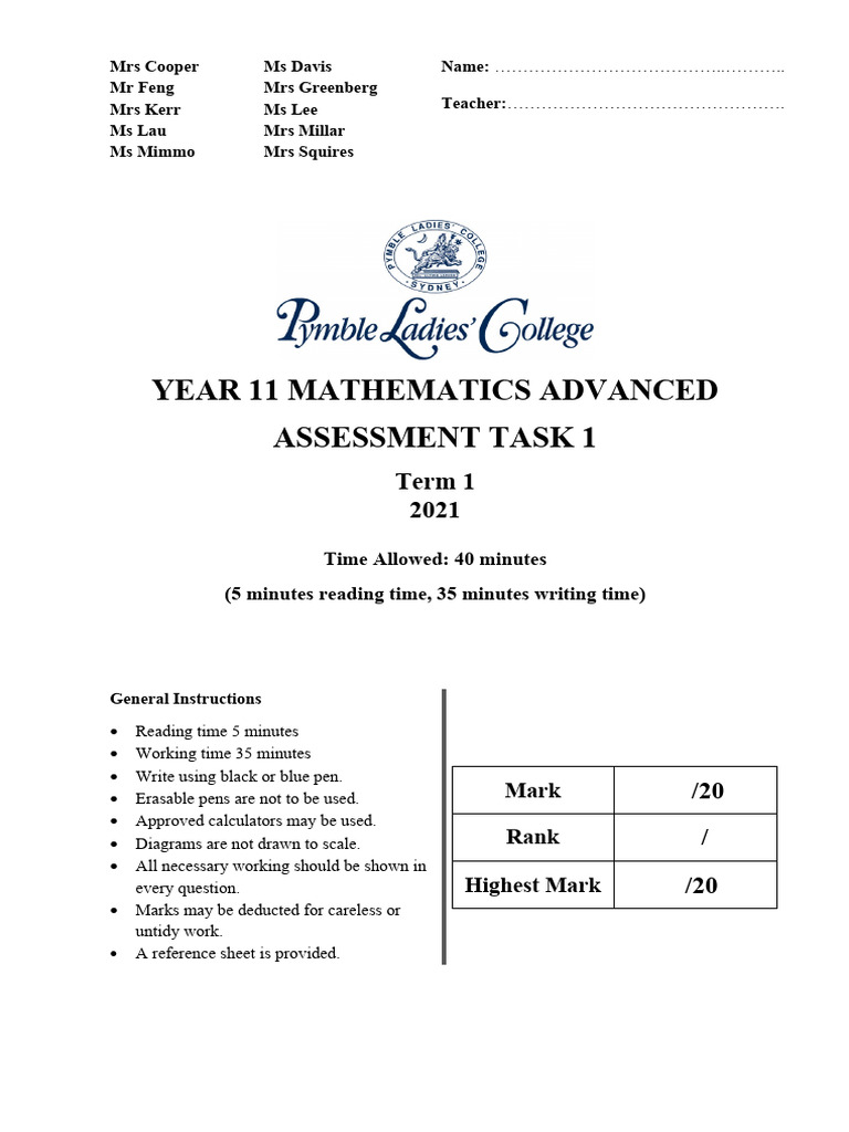 Year 11 Advanced Math Assessment Task | PDF | Function (Mathematics ...