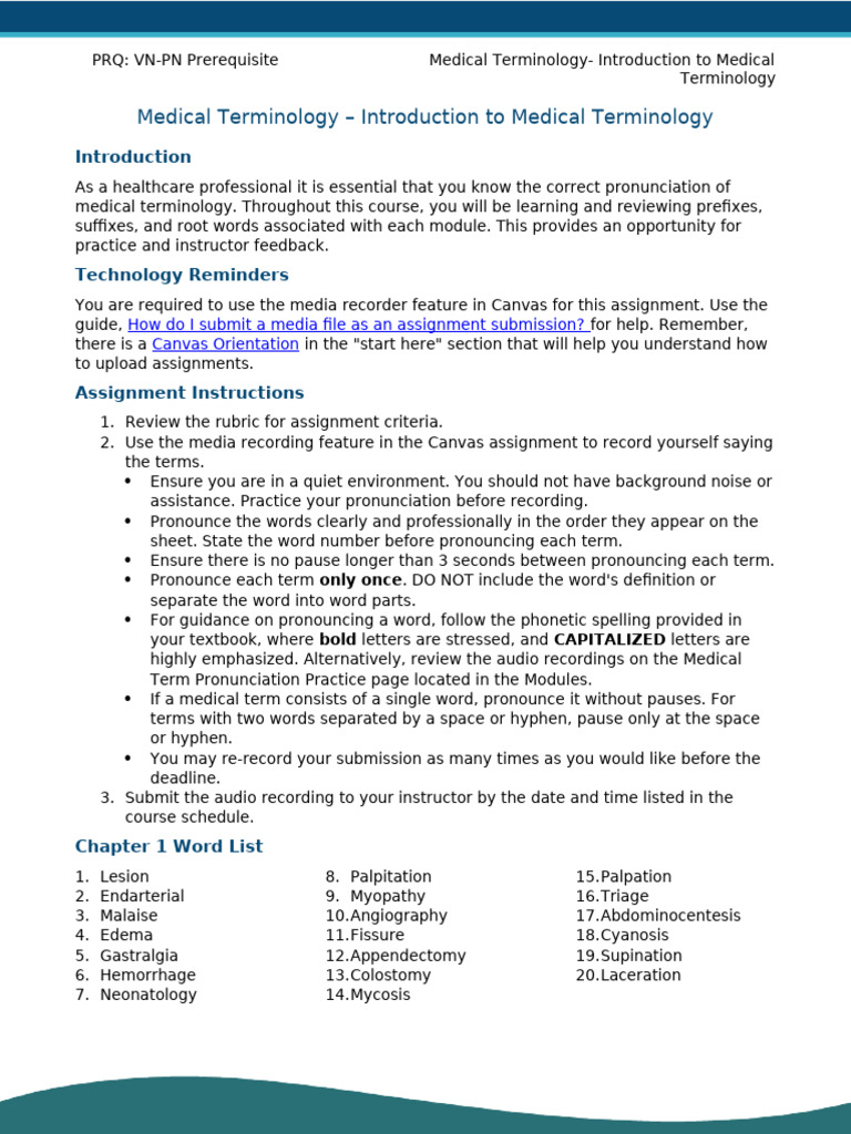 Pronunciation Assignment Chapter 1-Introduction To Medical Terminology ...