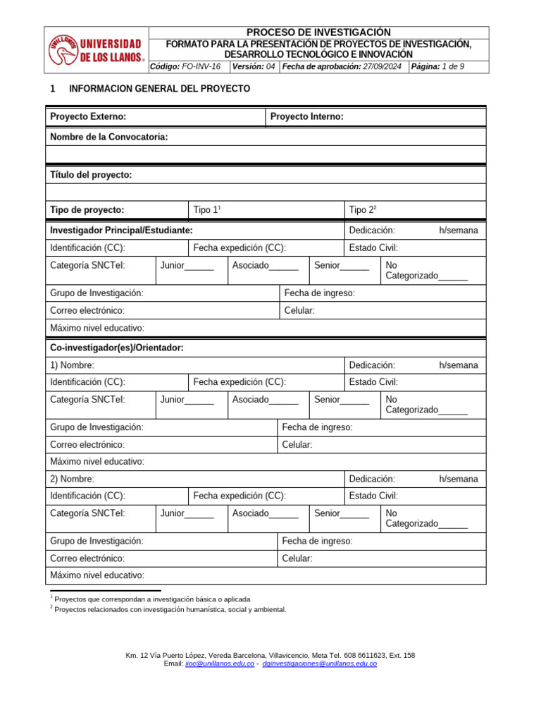 Fo-Inv-16 Formato para La Presentacion de Proyectos de Investigacion Desarrollo Tecnologico e ...