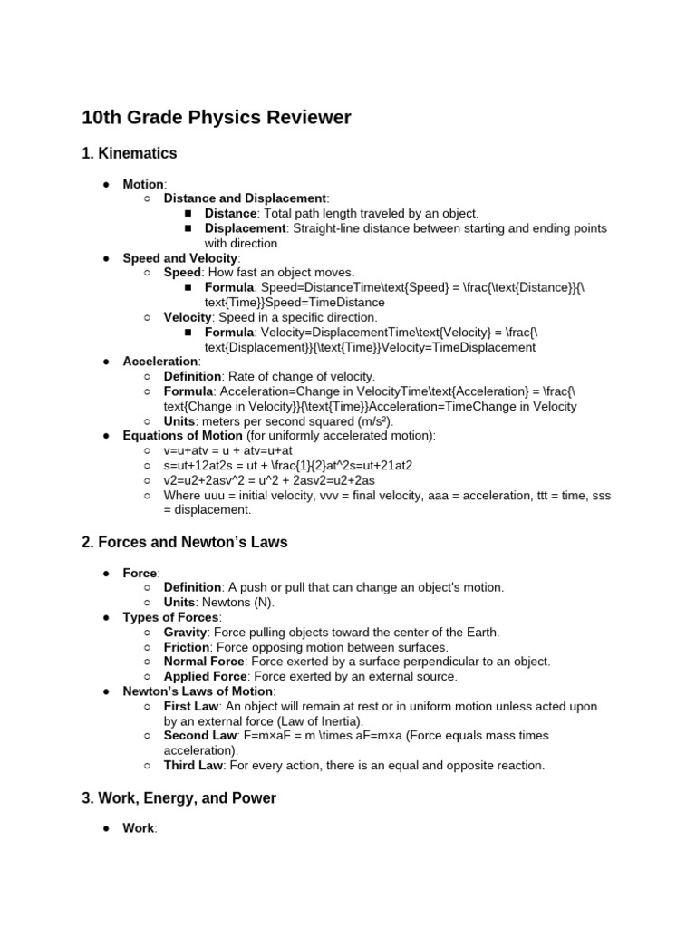 10th Grade Physics Reviewer | PDF | Waves | Force