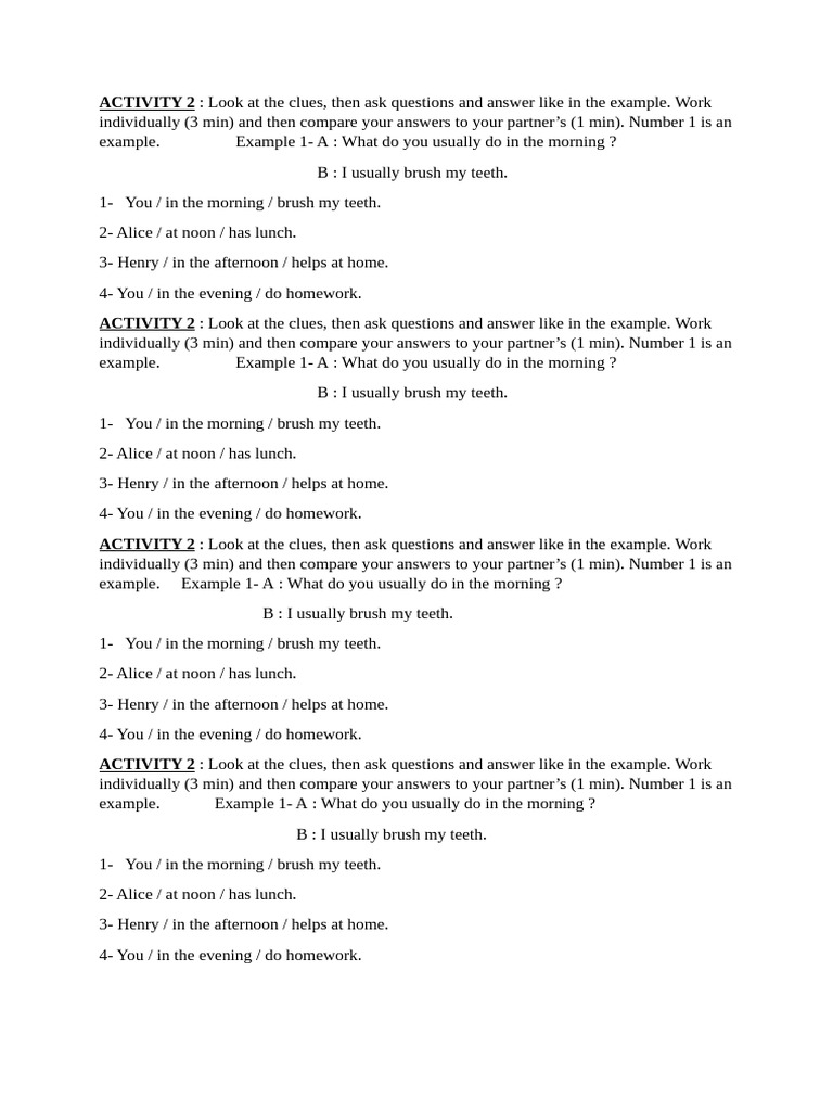 Daily Routine Question Activity | PDF