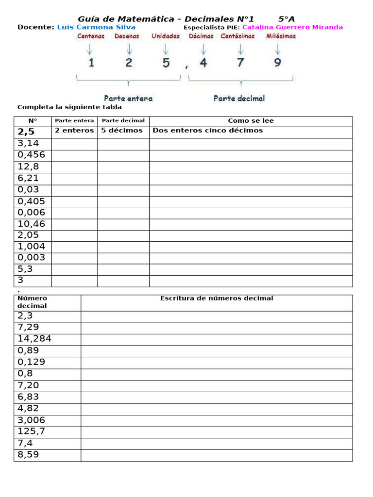Guía de Decimales para 5° Grado | PDF