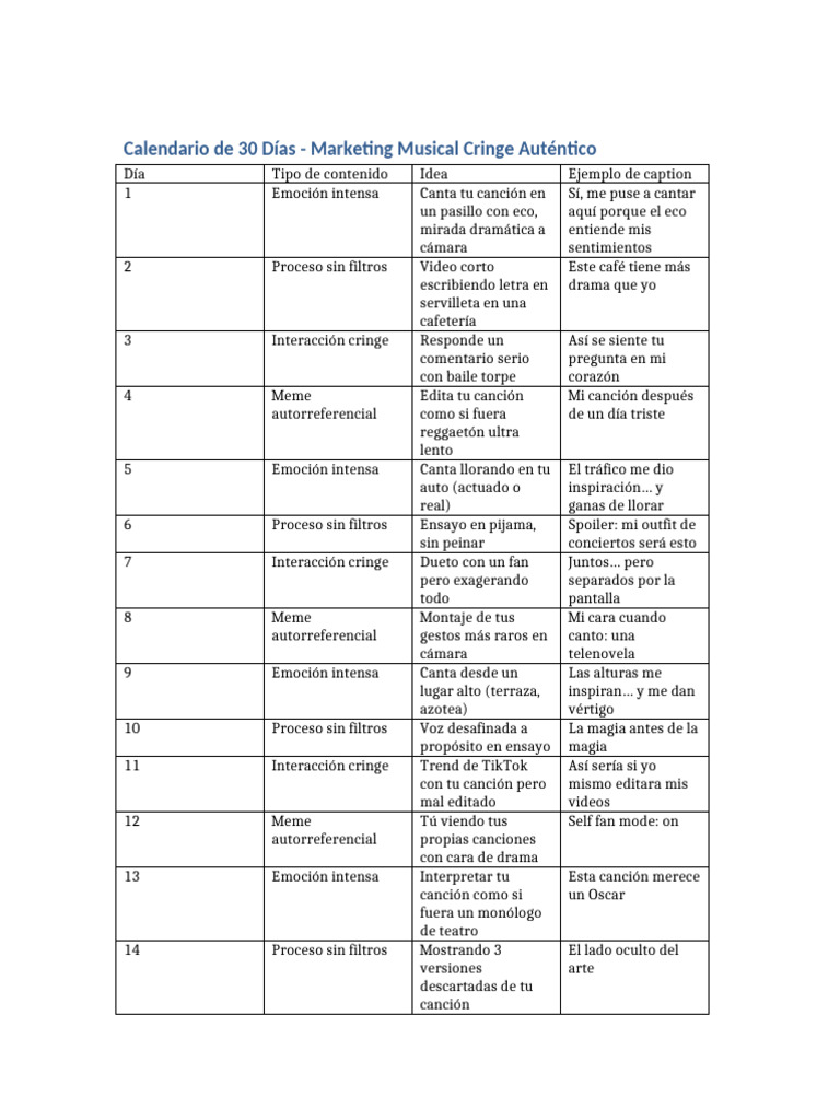 Calendario Marketing Cantante Cringe | PDF