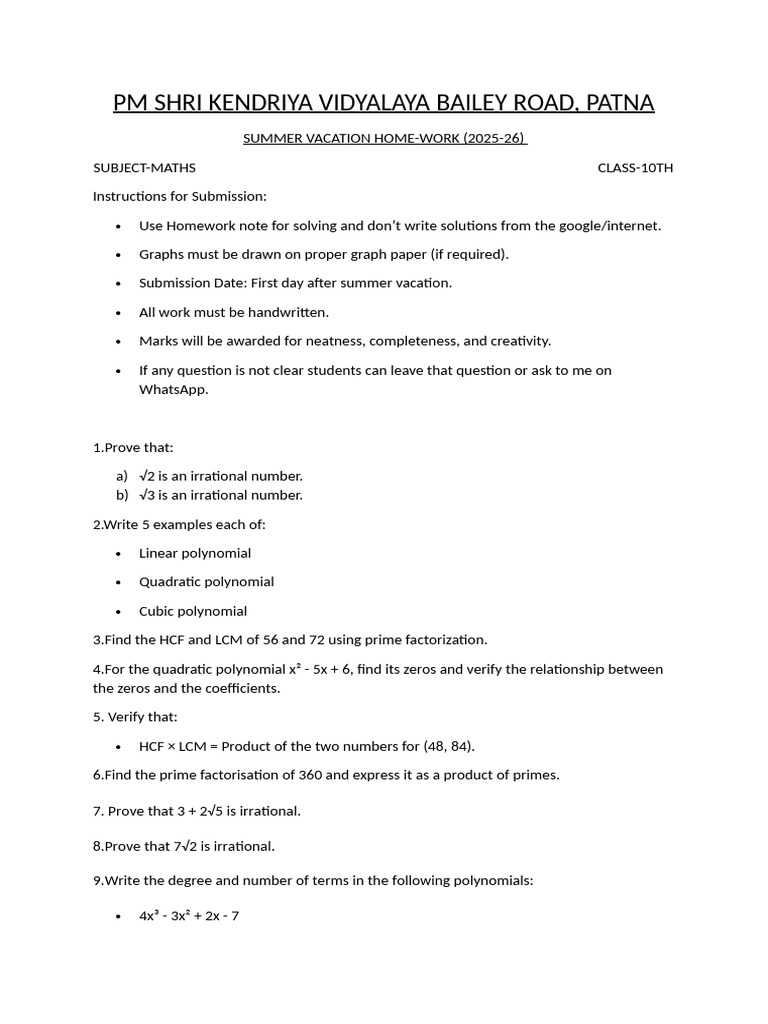 10th-Summer Vacation Homework | PDF