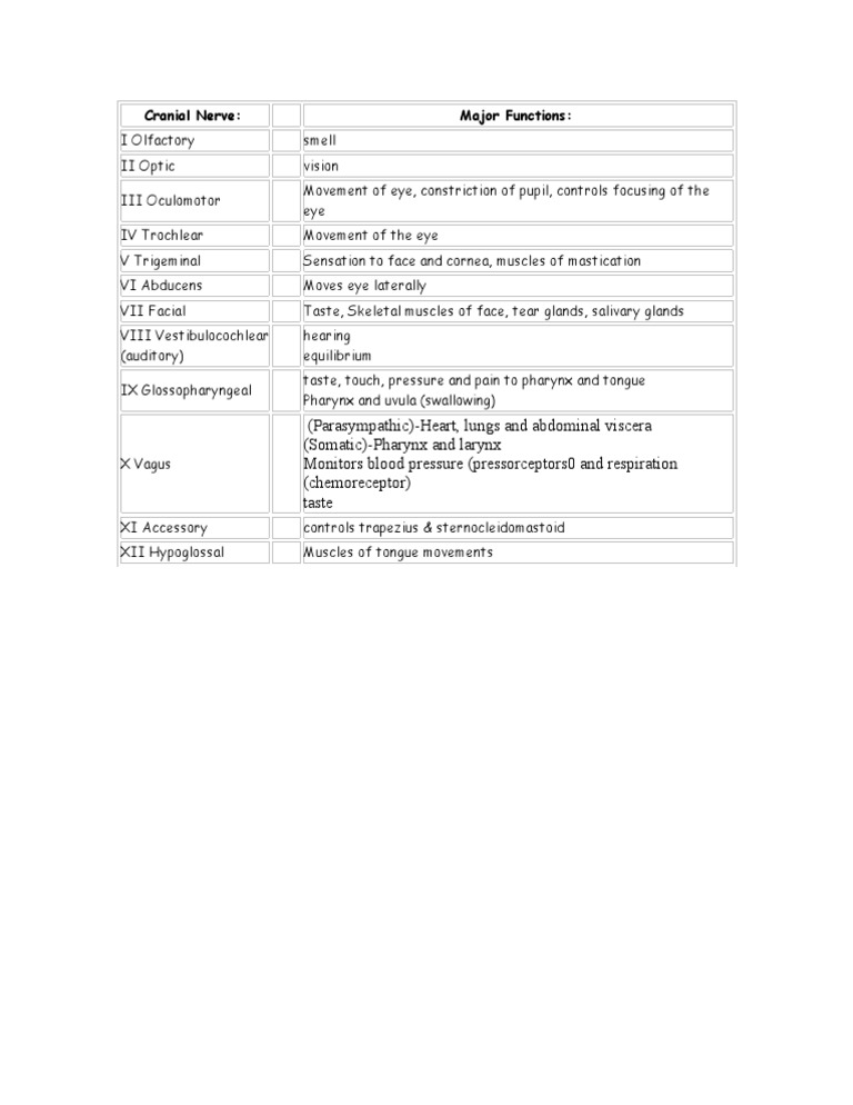 Functions of Cranial Nerves Explained | PDF