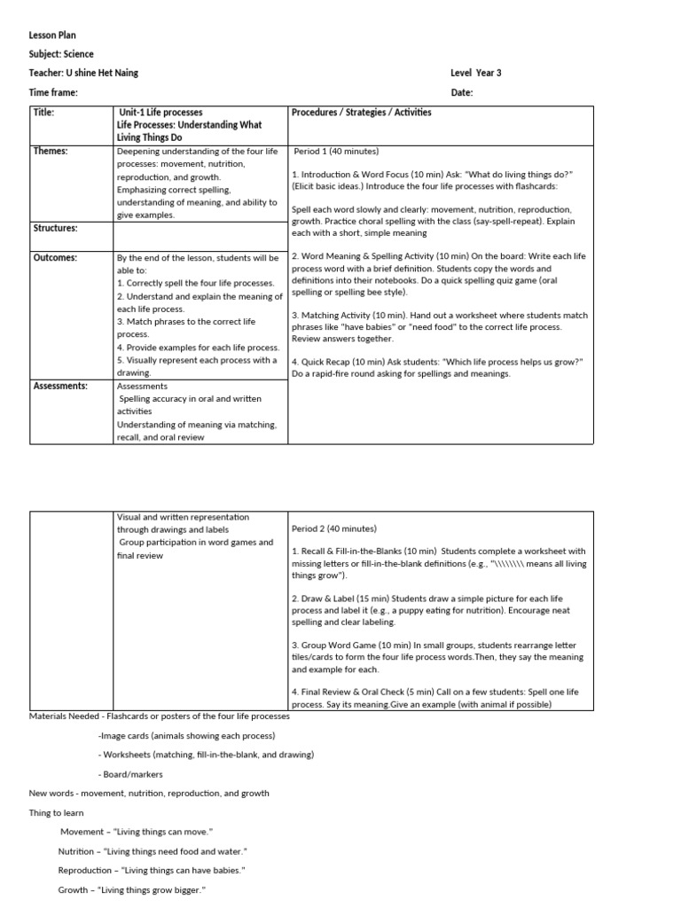 Life Processes Lesson Plan for Year 3 | PDF | Scientific Method | Science
