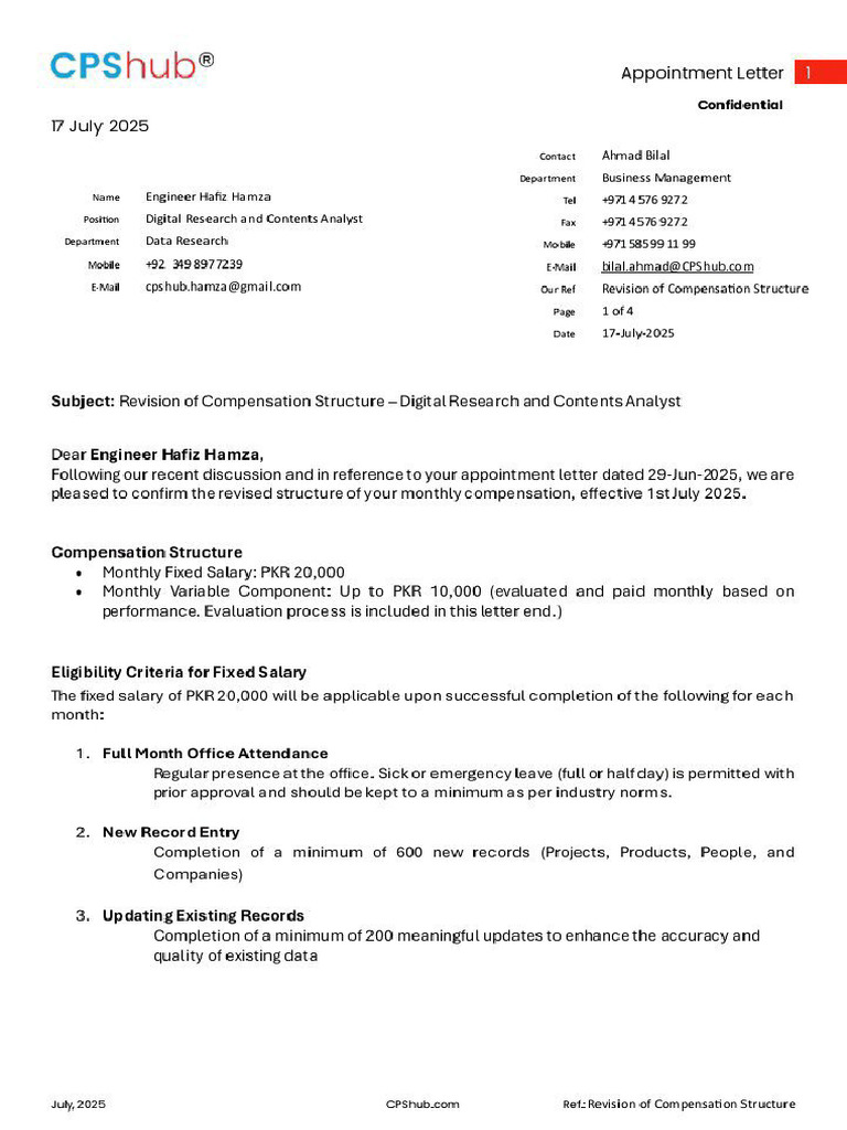 CPSHUB - Confirmation Letter - Engr Hafiz Hamza - 17072025 Signed PDF | PDF