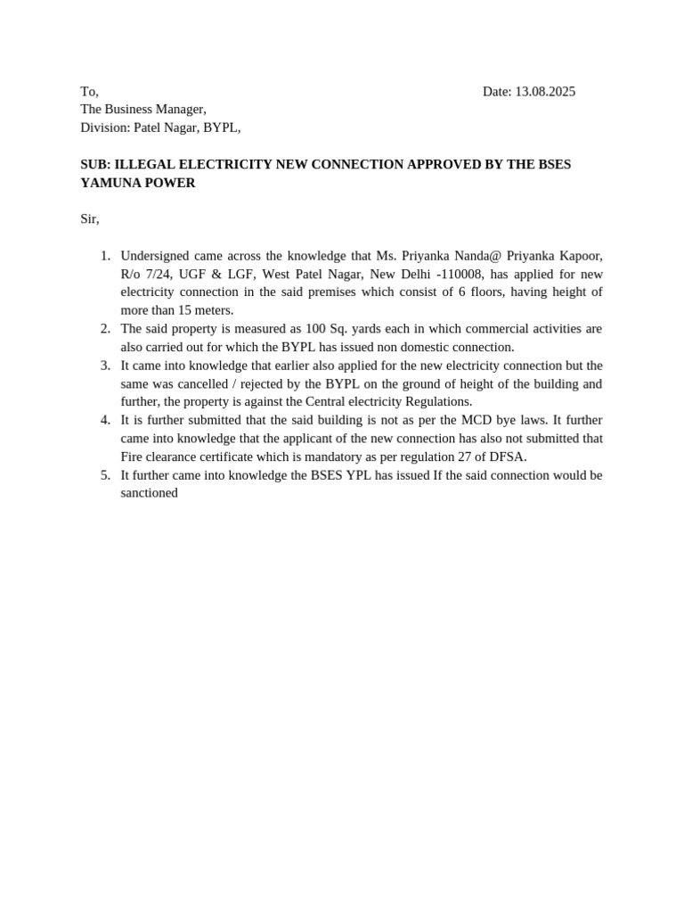 BSES YPL Illegal Connection Approval | PDF