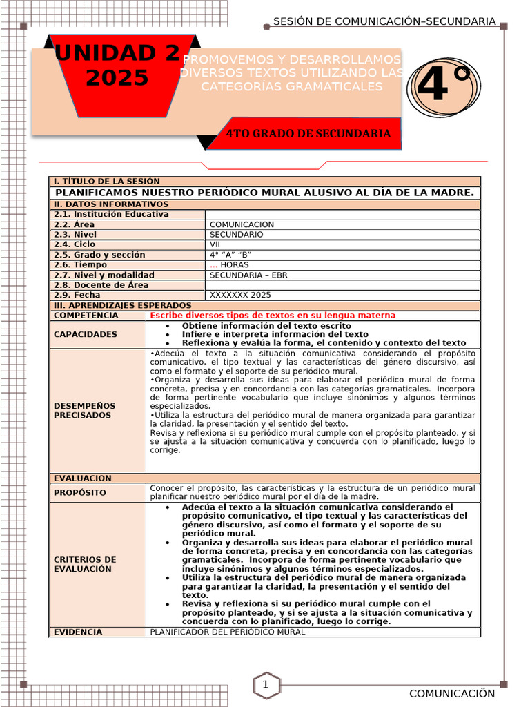 4º SESION 2 SEM 1 UNI 2 - COMUNICACION 2025 | PDF | Aprendizaje ...