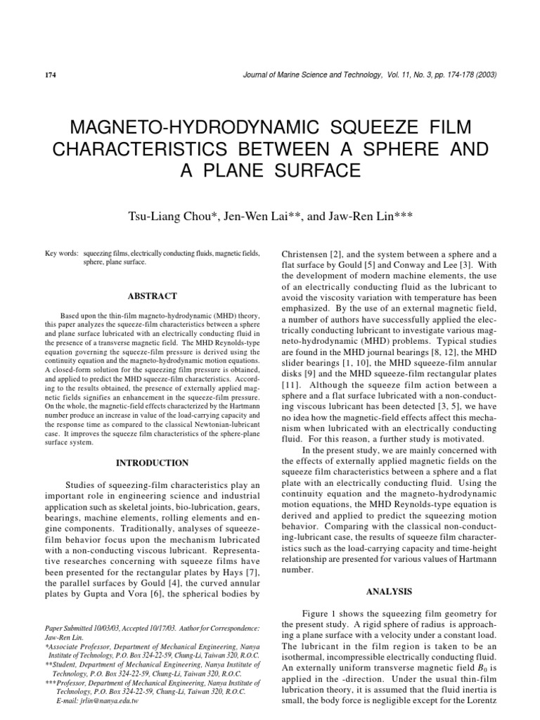 Magneto-Hydrodynamic Squeeze Film Characteristics Between A Sphere and ...