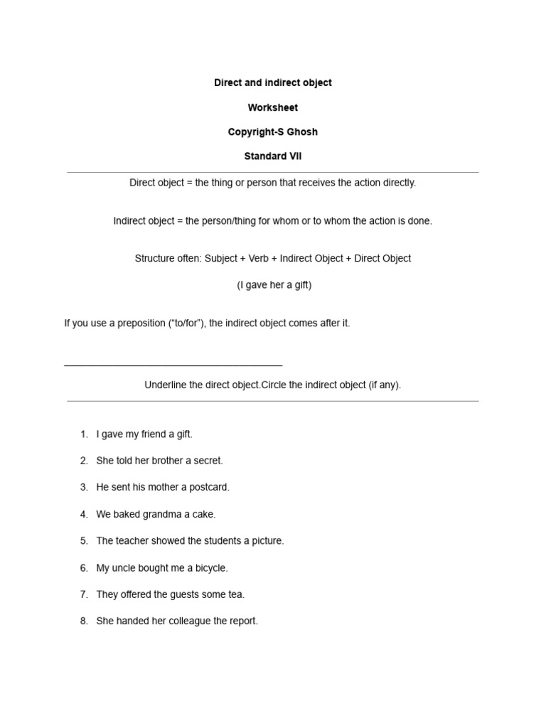 Direct and Indirect Object Worksheet | PDF