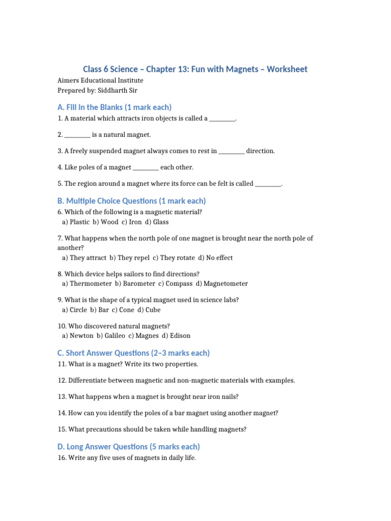 Fun With Magnets Worksheet Class6 Aimers | PDF