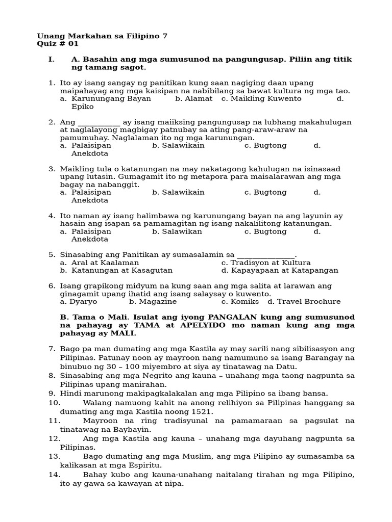 Unang Markahan sa Filipino 7 | PDF