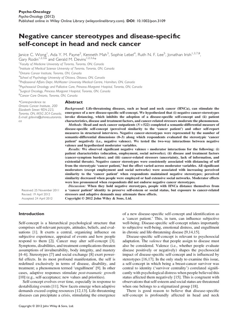 Negative Stereotypes in Head and Neck Cancer | PDF | Self Concept ...