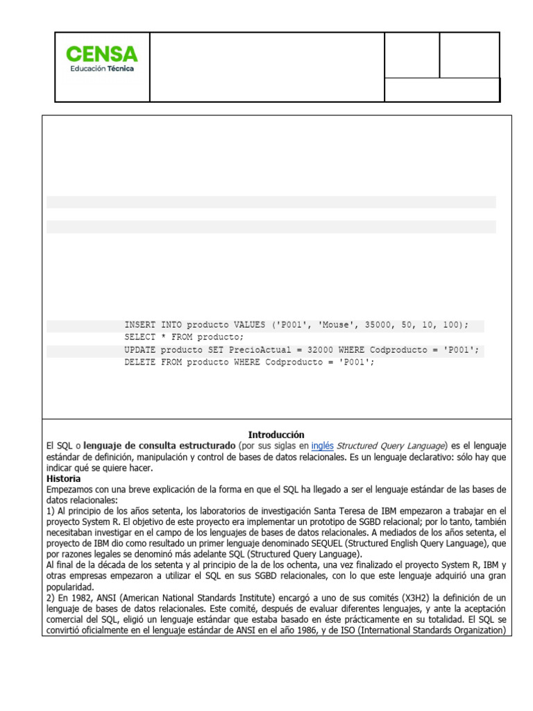 GuiaSQL Introducción DDL DML (2) | PDF | SQL | Bases de datos