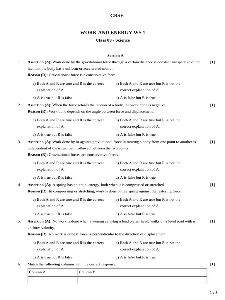 Work and Energy WS 1 (Work) | PDF | Force | Potential Energy