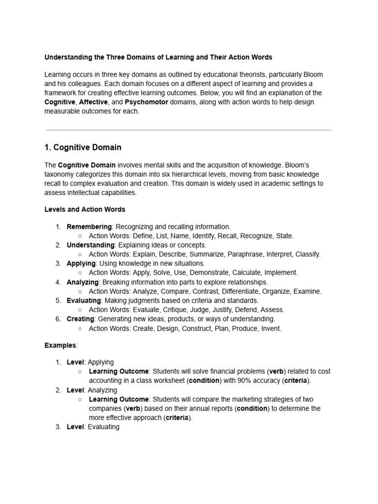 Action Words in Learning Domains | PDF | Learning | Knowledge