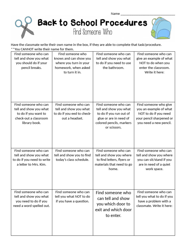 Back To School Procedure BINGO | PDF