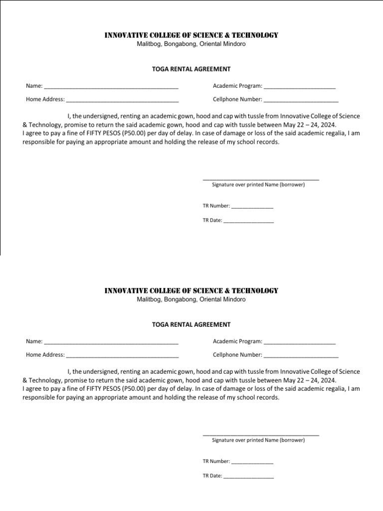Toga Rental Agreement Form | PDF | Higher Education | Academia