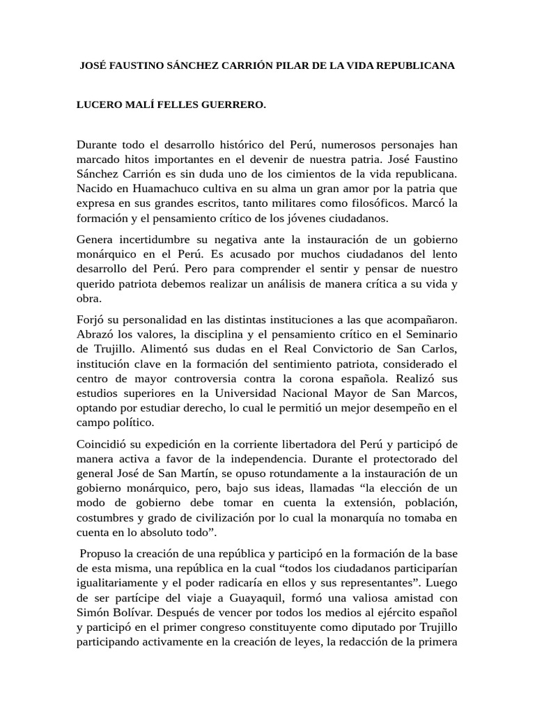 José Faustino Sánchez Carrión Pilar de La Vida Republicana | PDF | Perú