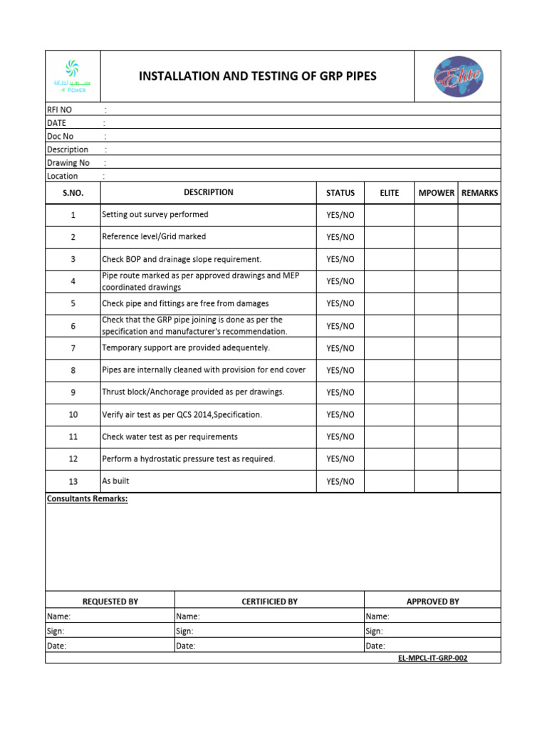 GRP Pipes Installation and Testing Checklist | PDF