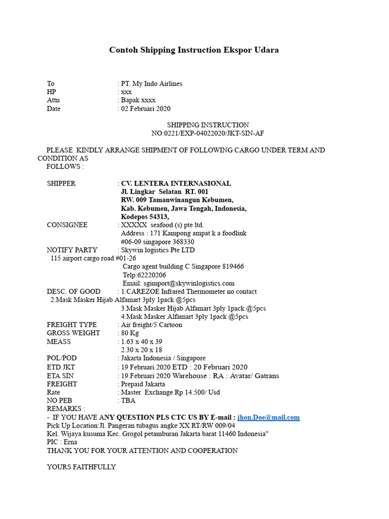 2020-Contoh Shipping Instruction Ekspor Udara | PDF