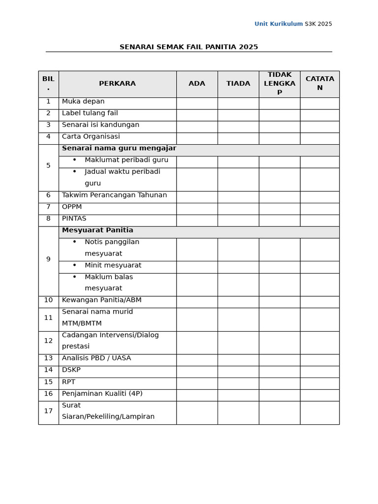 Senarai Semak Fail Panitia 2025 | PDF