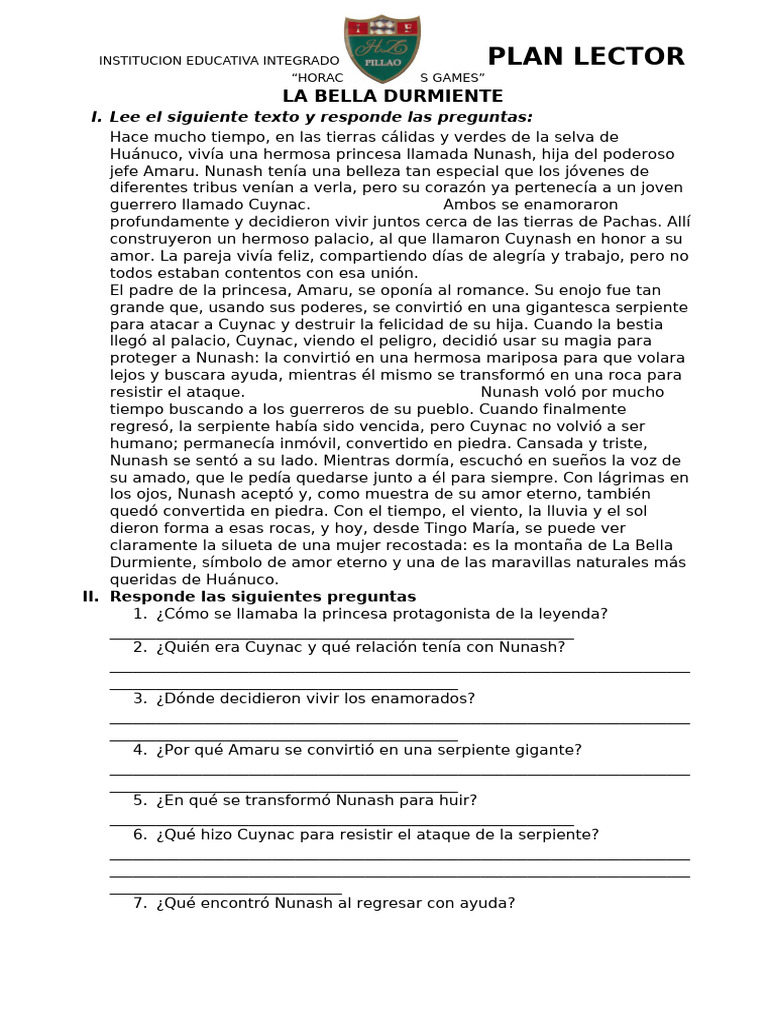 PLAN LECTOR LA BELLA DURMIENTE HUANUCO QUERIDO | PDF