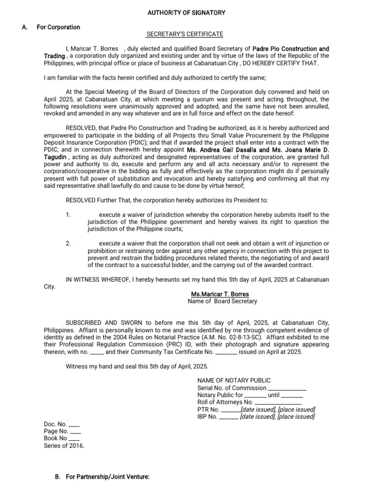 Authority If The Signatory | PDF | Affidavit | Common Law