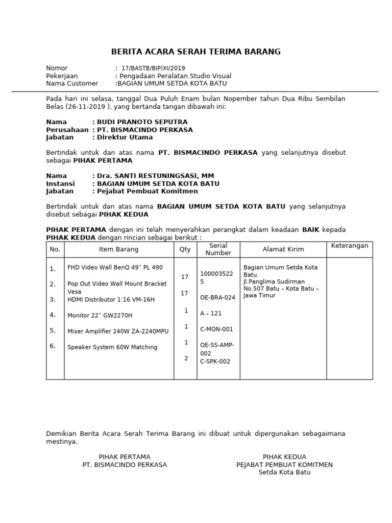 BA Serah Terima Video Wall Batu | PDF