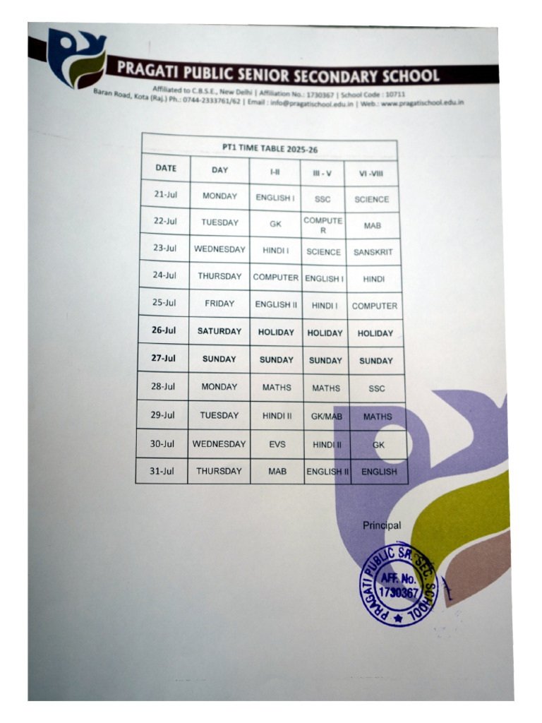 PT-1 Time Table | PDF