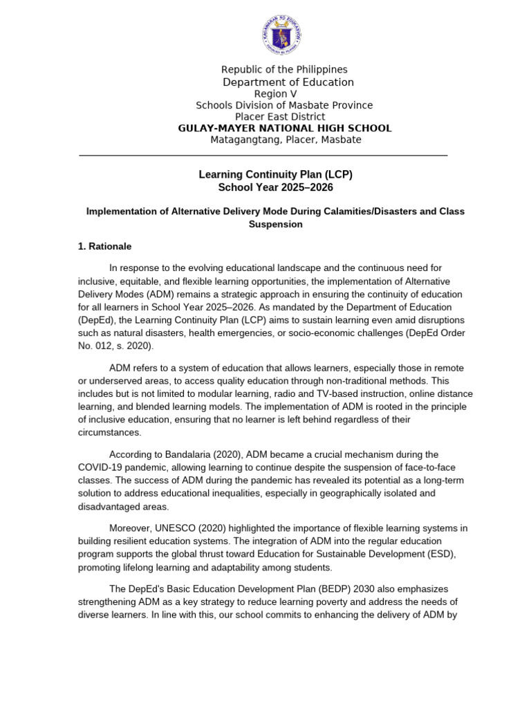 Learning Continuity Plan 2025-2026 | PDF | Learning | Teachers