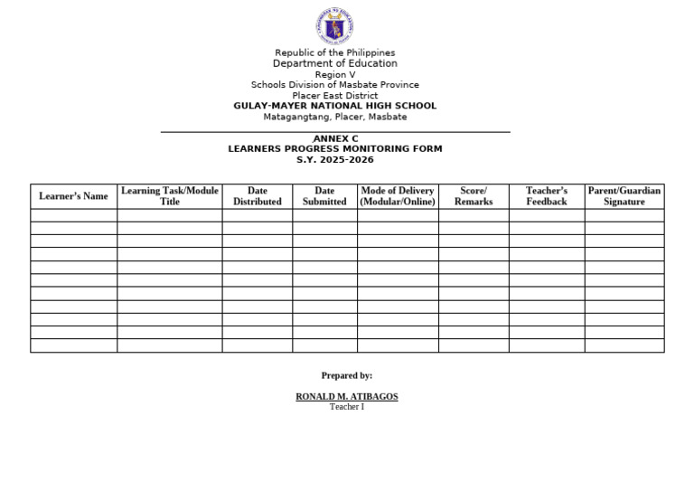 Learners Progress Monitoring Form 2025-2026 | PDF
