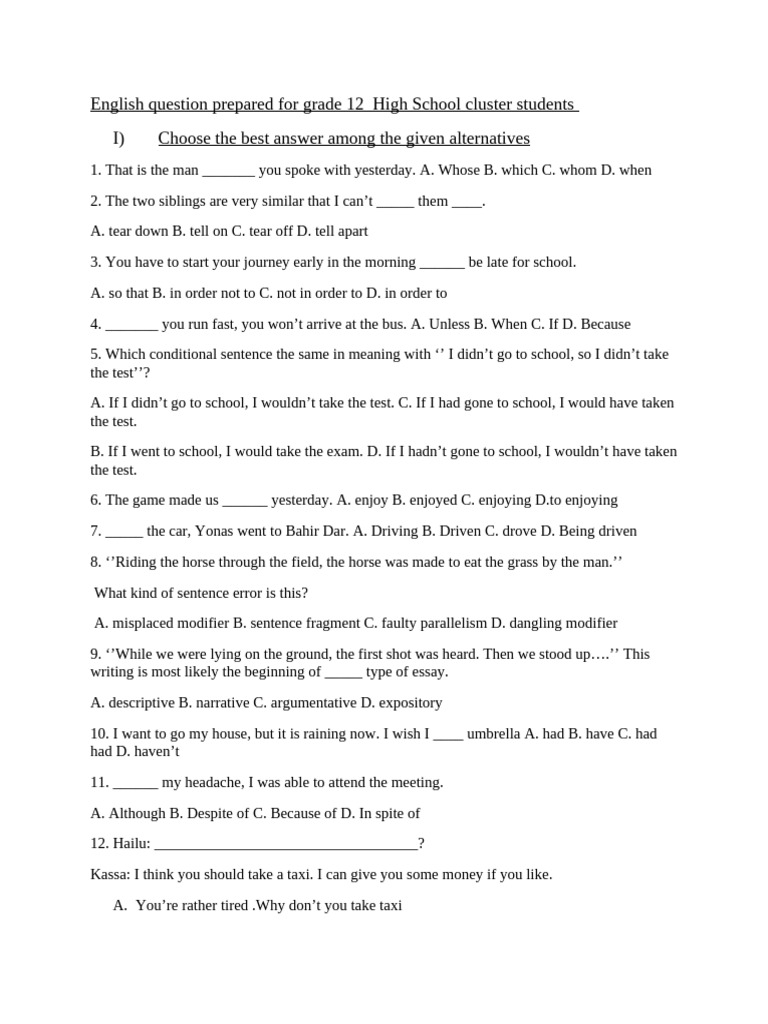 Grade 12 English Test Questions | PDF | Word | Linguistics