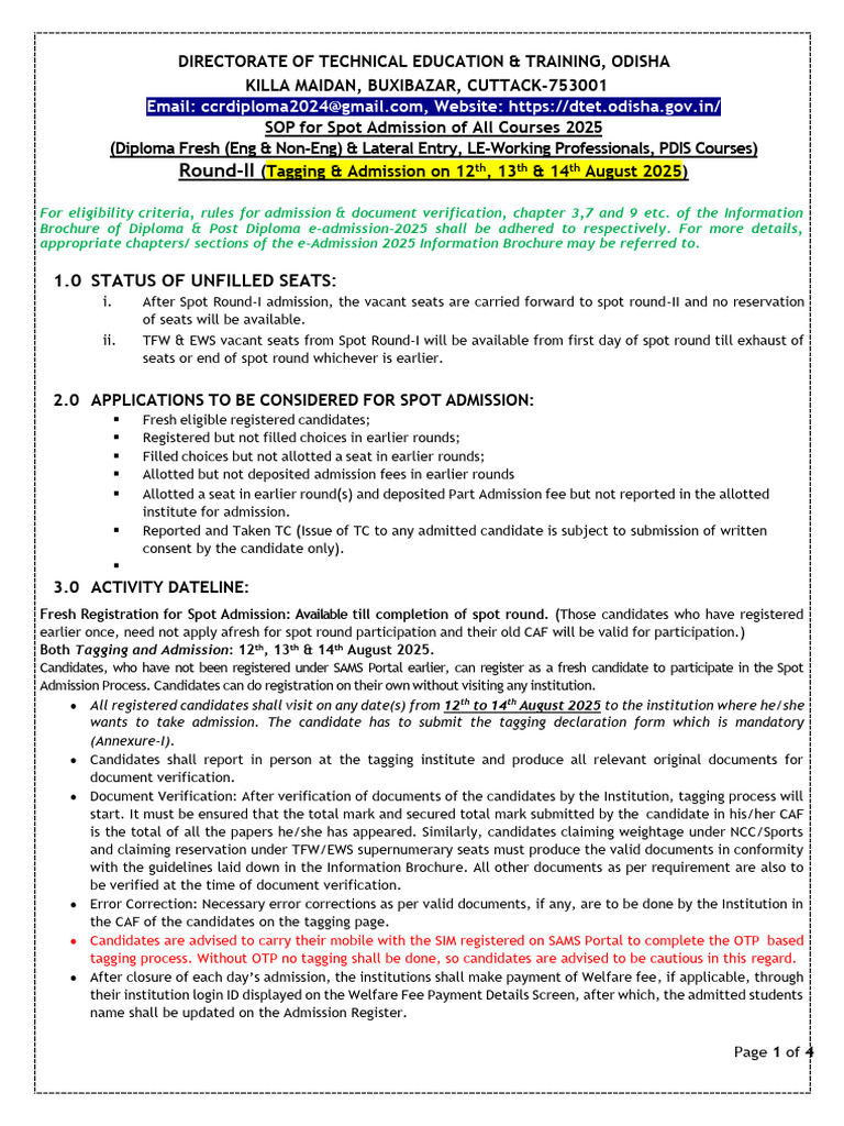 Diploma Spot Admission Process 2025 | PDF