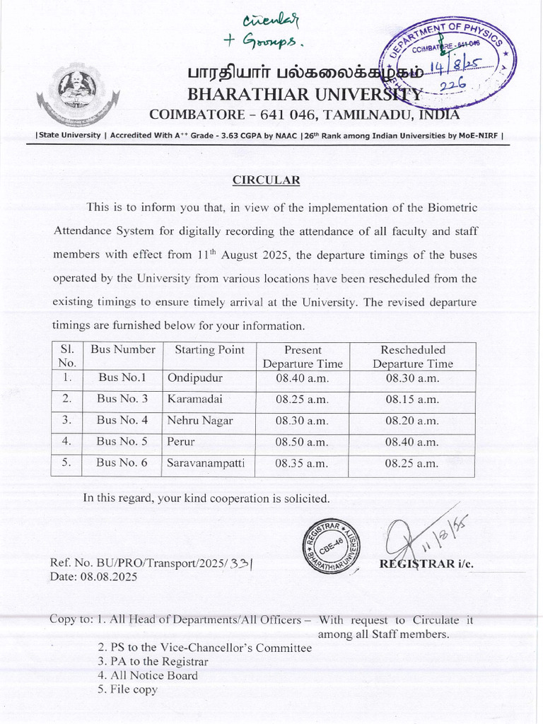 BUS Timing Circular - 2025 | PDF