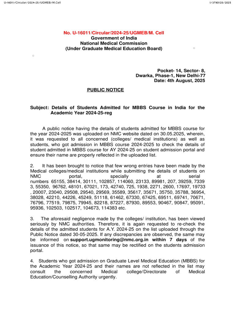 NMC Notice: MBBS Admissions 2024-25 | PDF | Medical Jurisprudence ...