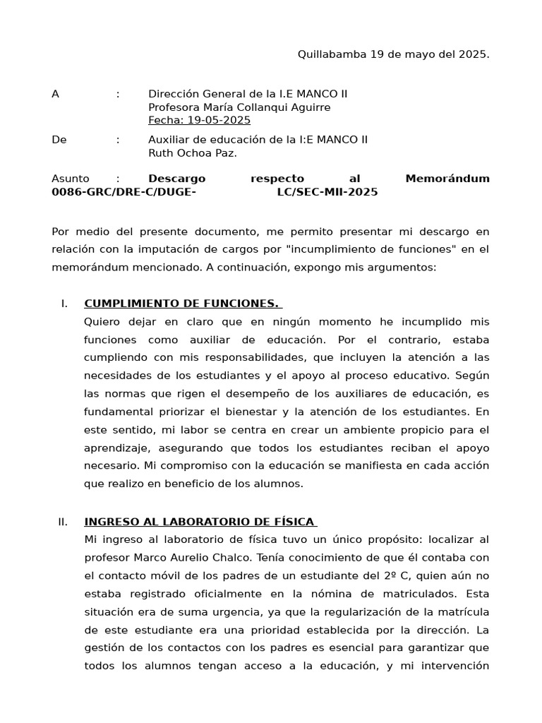 Descargo de Ruth Ochoa sobre acusaciones | PDF