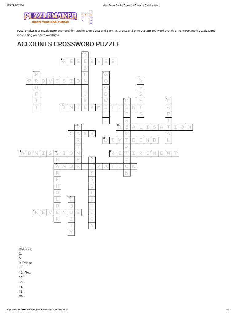 Criss Cross Puzzle - Discovery Education Puzzlemaker | PDF