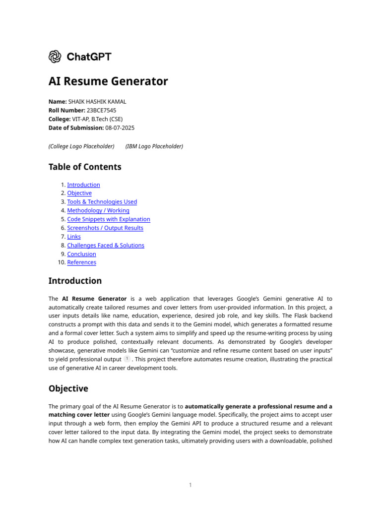 AI-Powered Resume Generator Using Gemini | PDF | World Wide Web ...