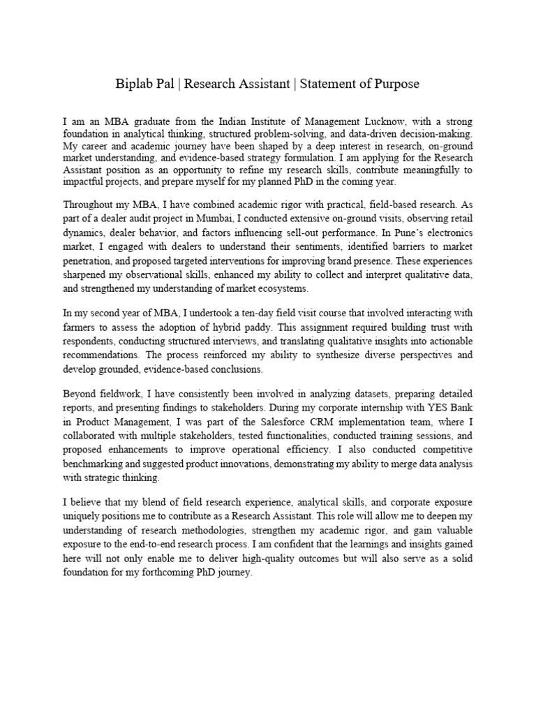 Biplab Pal SOP Research Assistant | PDF | Qualitative Research | Field Research