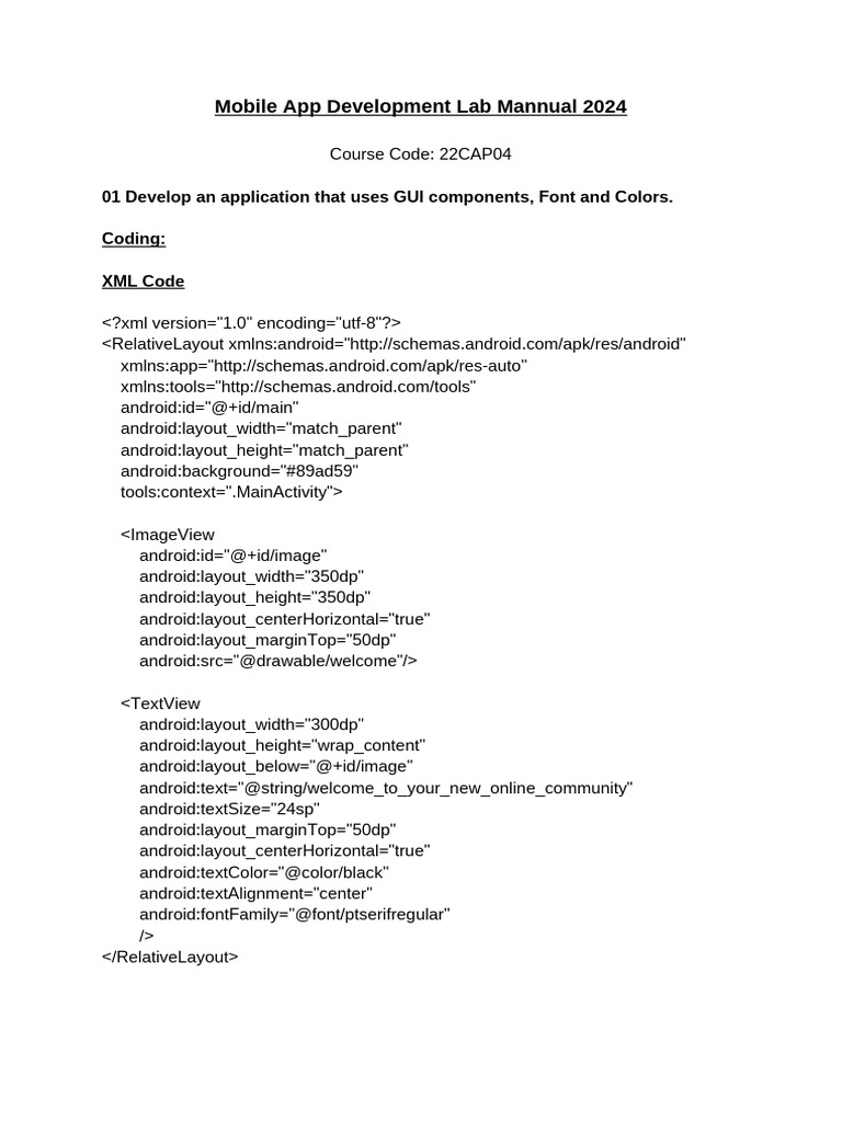 Mobile App Development Lab Mannual 2024 | PDF | Android (Operating System) | Java (Programming ...