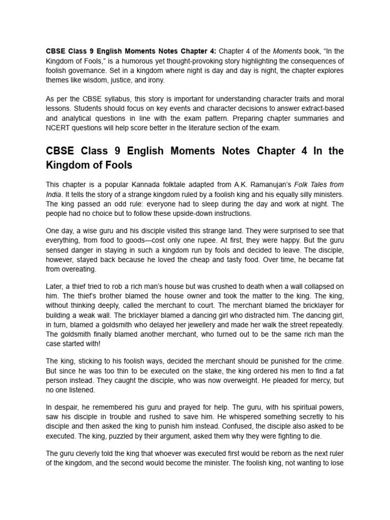 CBSE Class 9 English Moments Notes Chapter 4 in The Kingdom of Fools | PDF