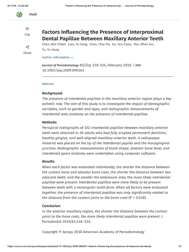 Interproximal Papillae in Maxillary Anterior Teeth | PDF ...