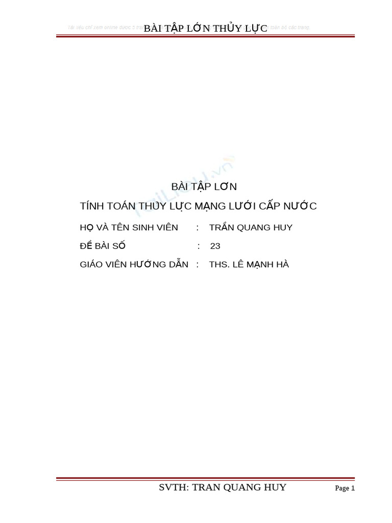 Tinh Toan Thuy Luc Mang Luoi Nuoc Cap | PDF