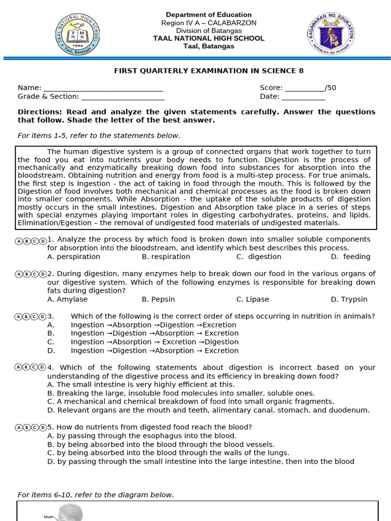 Science 8 Quarterly Exam: Digestive System | PDF | Genotype | Dominance ...