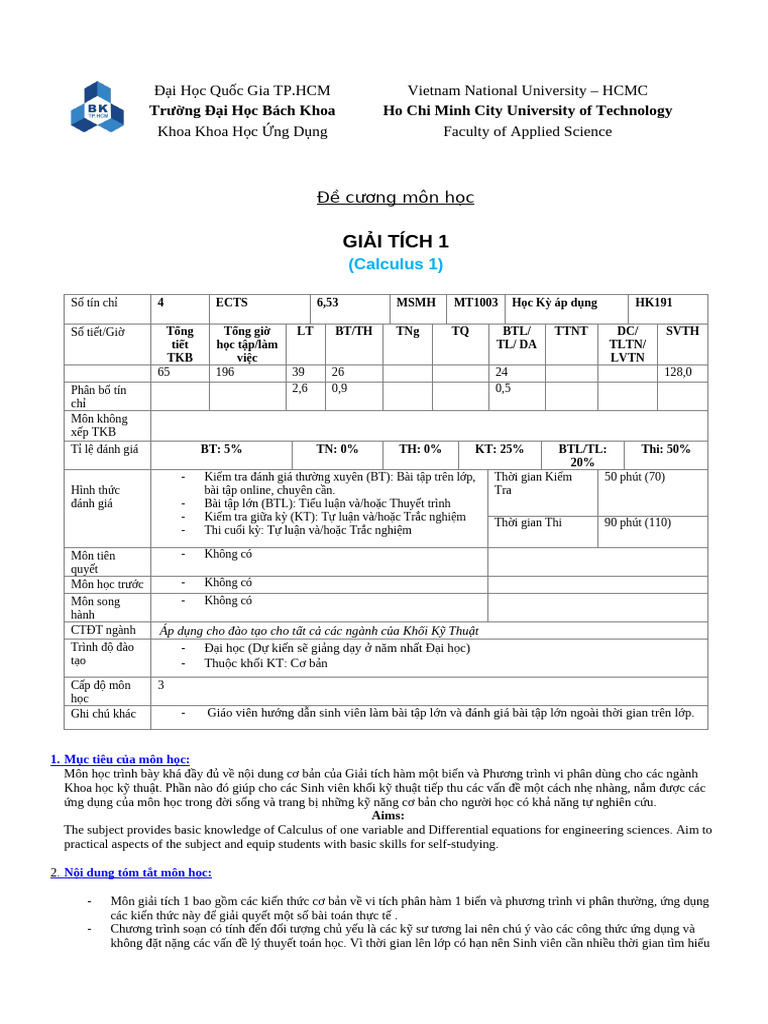 CALCULUS 1 - Course Outline | PDF