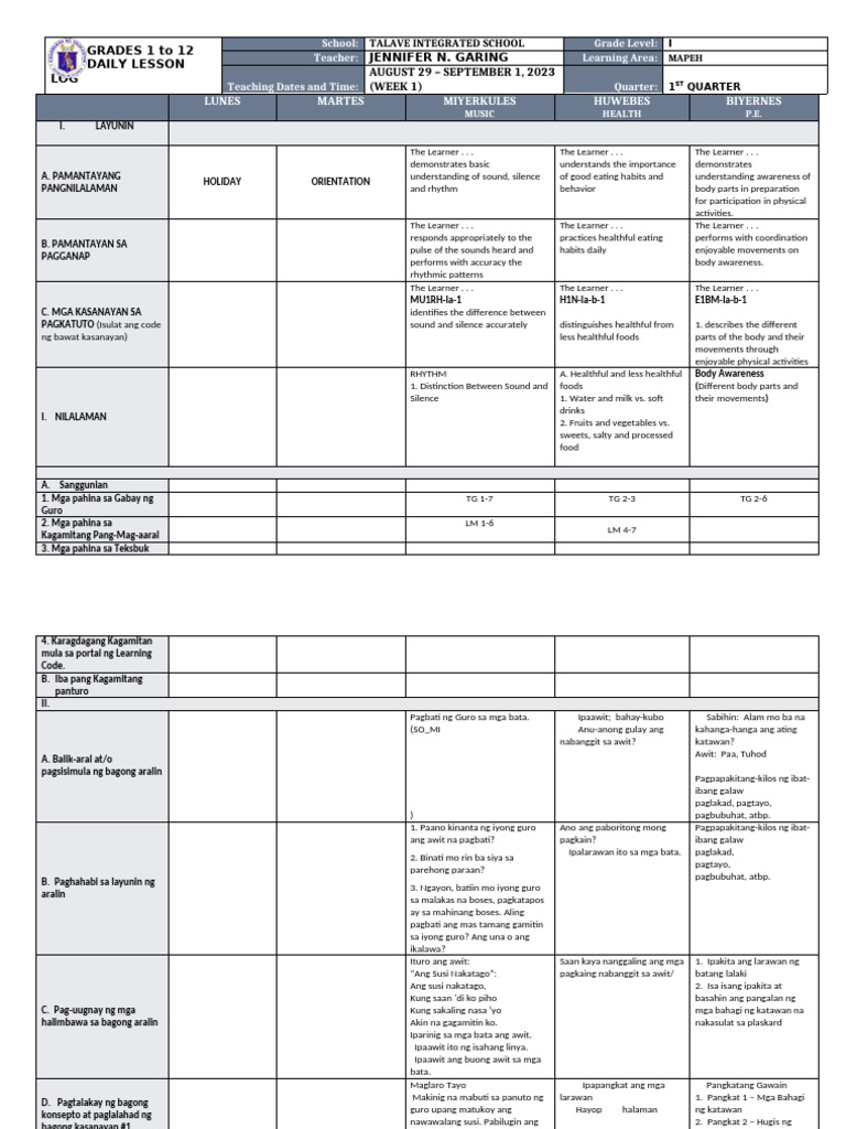 DLL Mapeh-1 q1 w1 W Orientation | PDF