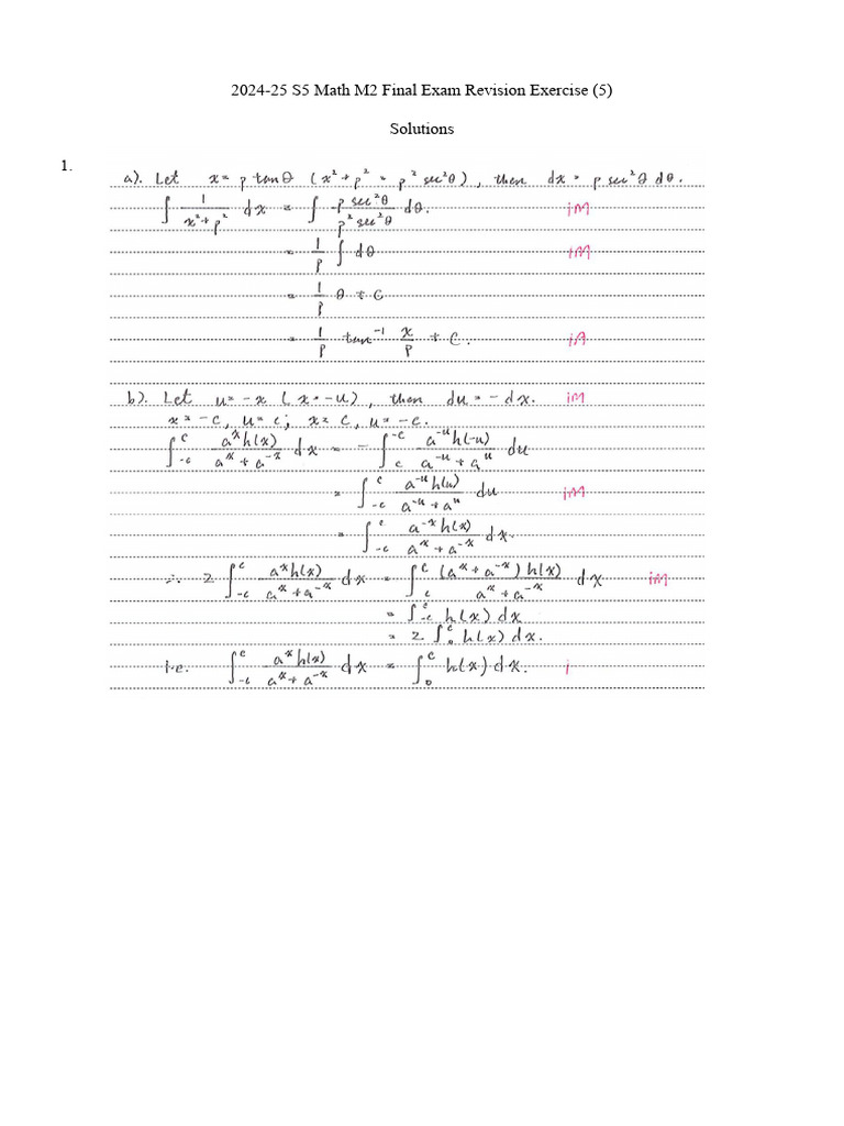 2024-25 S5 Math M2 Final Exam Revision Exercise (5) - Solutions | PDF