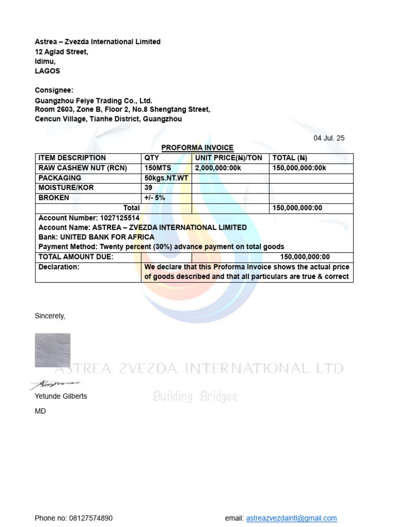 Proforma Invoice for Guangzhou Feiye Trading | PDF
